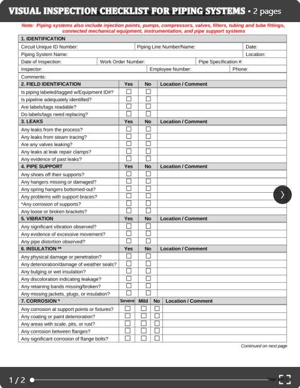 𝐕𝐈𝐒𝐔𝐀𝐋 𝐈𝐍𝐒𝐏𝐄𝐂𝐓𝐈𝐎𝐍 𝐂𝐇𝐄𝐂𝐊𝐋𝐈𝐒𝐓 𝐅𝐎𝐑 𝐏𝐈𝐏𝐈𝐍𝐆 𝐒𝐘𝐒𝐓𝐄𝐌𝐒 - NGUYỄN QUANG HƯNG BLOG